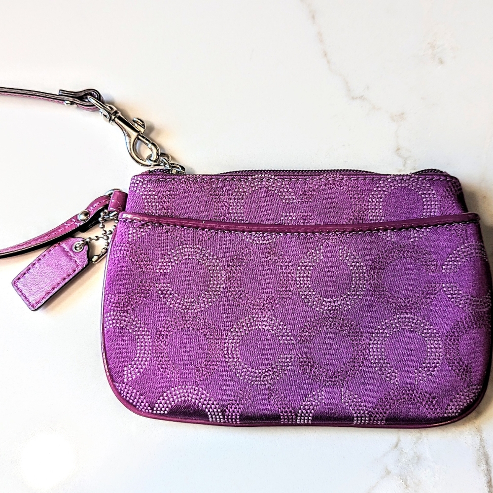 Coach Signature Purple Logo Leather Fabric Wristlet - Gem